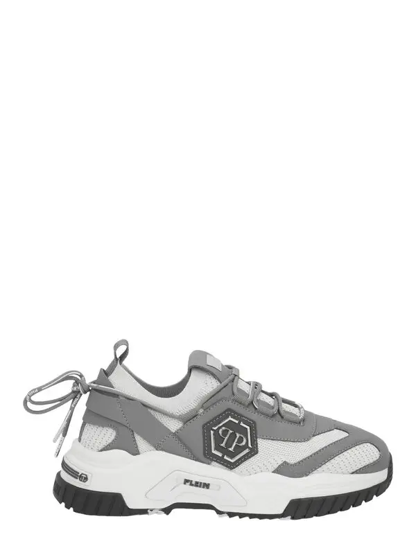 Philipp Plein Crochet Knit And Leather Low-top Sneakers With Metallic Hexagon Logo - Grey