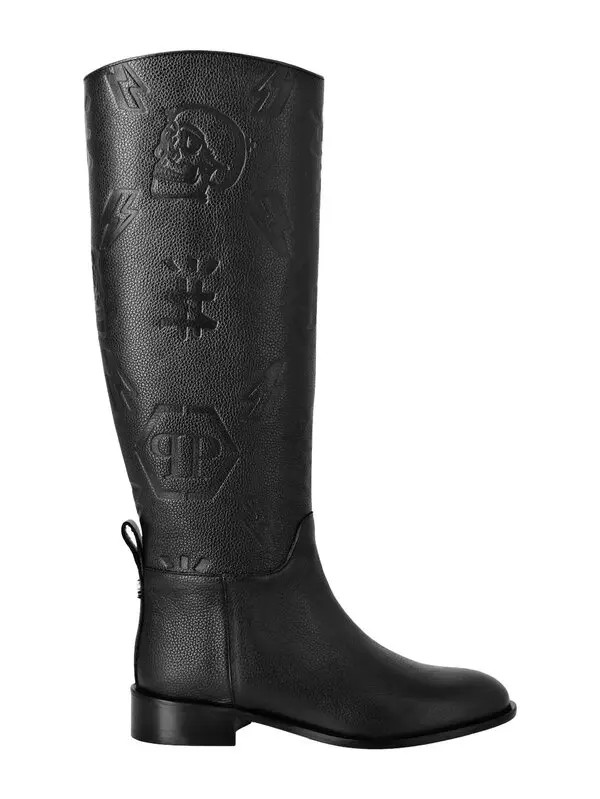 Philipp Plein Grained Leather Knee-high Boots With Embossed Logo - Black