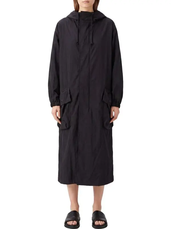 Y’s Long Nylon Parka With Adjustable Hood And Patch Pockets - Black