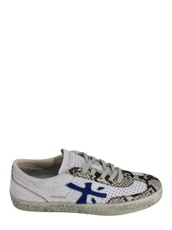 Premiata David Leather Trainers With Python-effect And Crackled Inserts - White