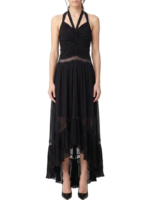 Blumarine Asymmetrical Midi Georgette Dress With Lace Inserts - Black