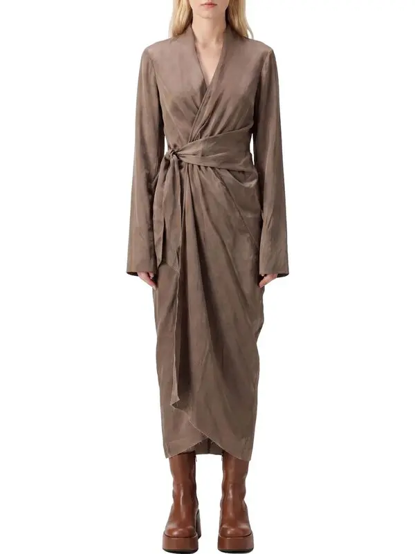 Rick Owens Midi Wrap Shirt Dress In Cupro - Dust