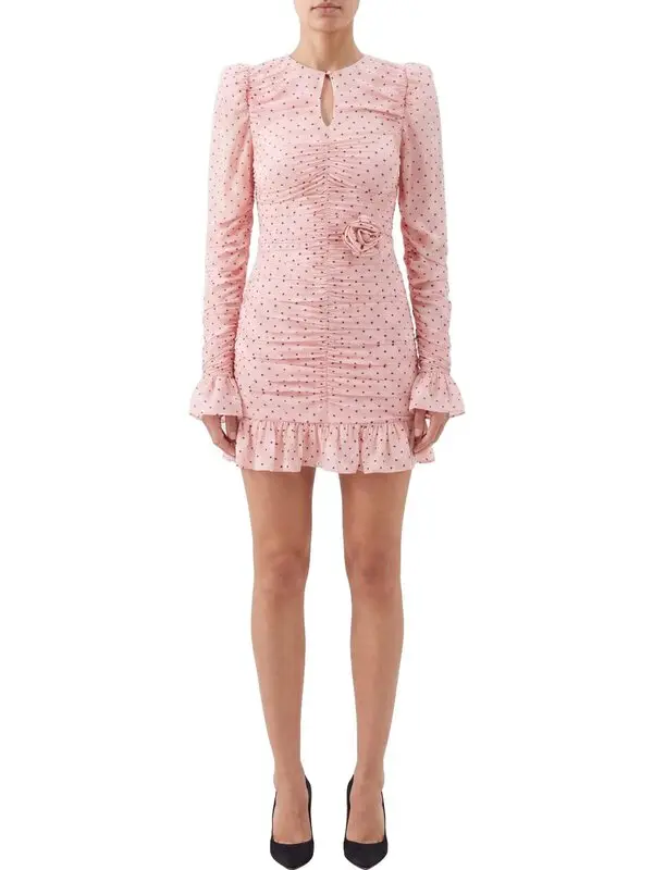 ROTATE BY BIRGER CHRISTENSEN Padded Shoulder Polka Dot Mini Sheath Dress In Jersey - Pink