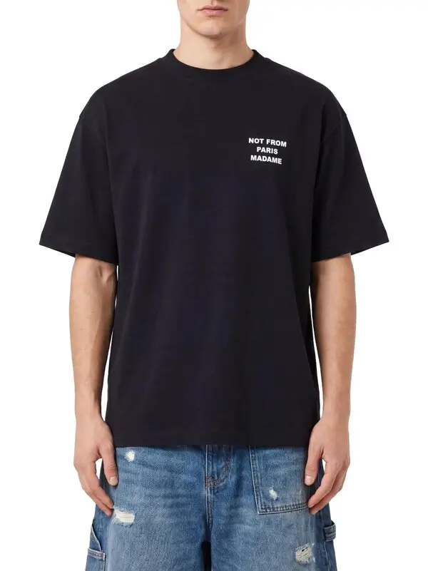 Drole De Monsieur Crewneck Cotton T-shirt With Logo And Slogan Print - Black
