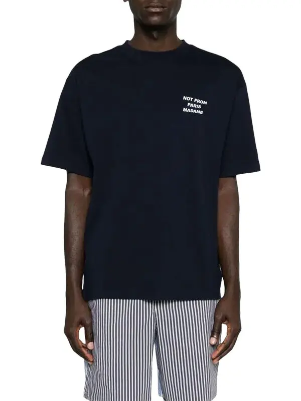 Drole De Monsieur Crewneck Cotton T-shirt With Logo And Slogan Print - Blue