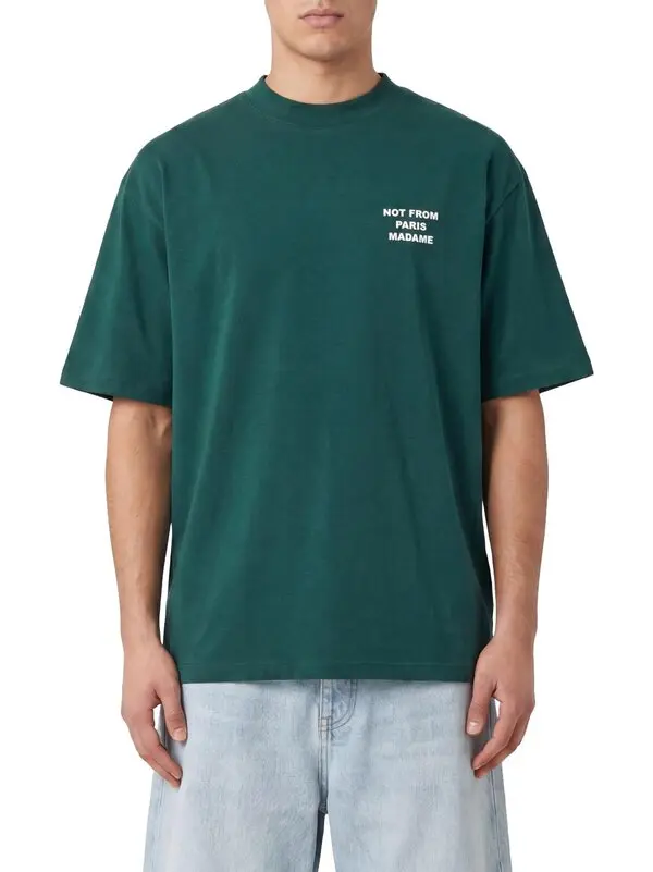Drole De Monsieur Crewneck Cotton T-shirt With Logo And Slogan Print - Green