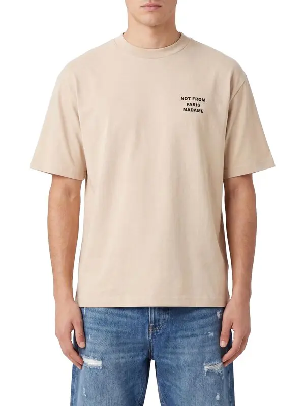 Drole De Monsieur Crewneck Cotton T-shirt With Logo And Slogan Print - Mastic