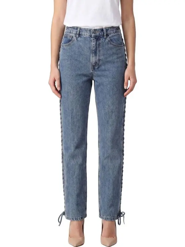 ROTATE BY BIRGER CHRISTENSEN High-waisted Straight Jeans In Denim With Woven Straps - Blue