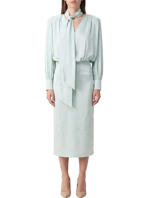 ROTATE BY BIRGER CHRISTENSEN Recycled Satin Midi Sheath Dress With Scarf Neck - Blue