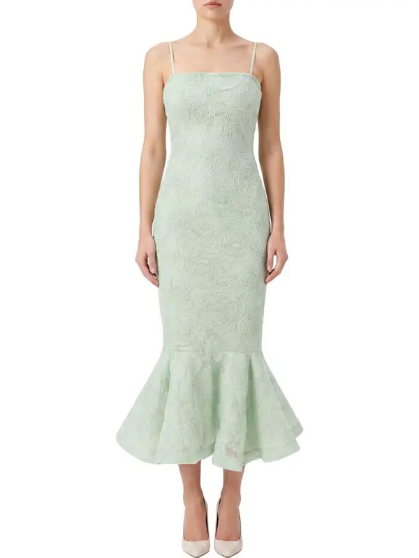 ROTATE BY BIRGER CHRISTENSEN Floral Pattern Midi Cocktail Dress With Square Neck - Green