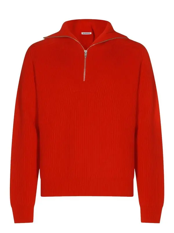 JIL SANDER High Neck Half-zip Jumper In Pure Wool - Red
