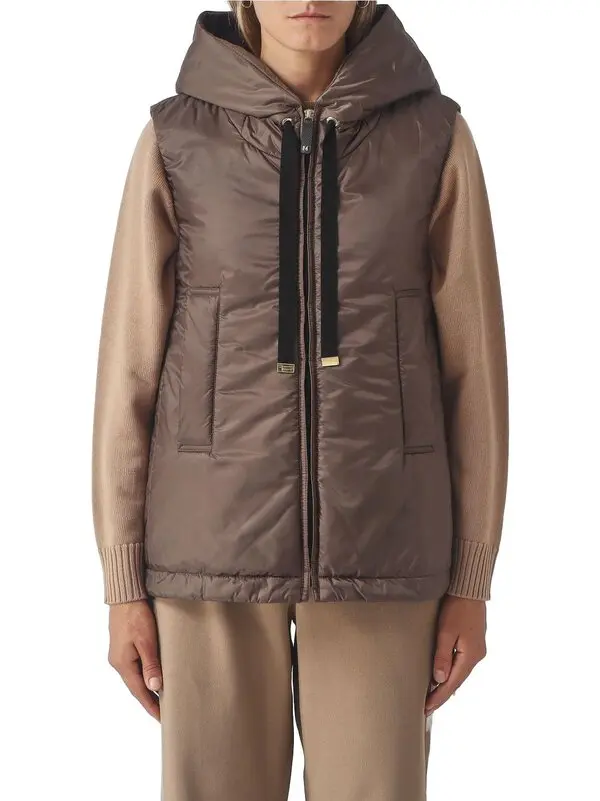 Max Mara Padded Technical Fabric Vest With Drawstring Hood - Cocoa