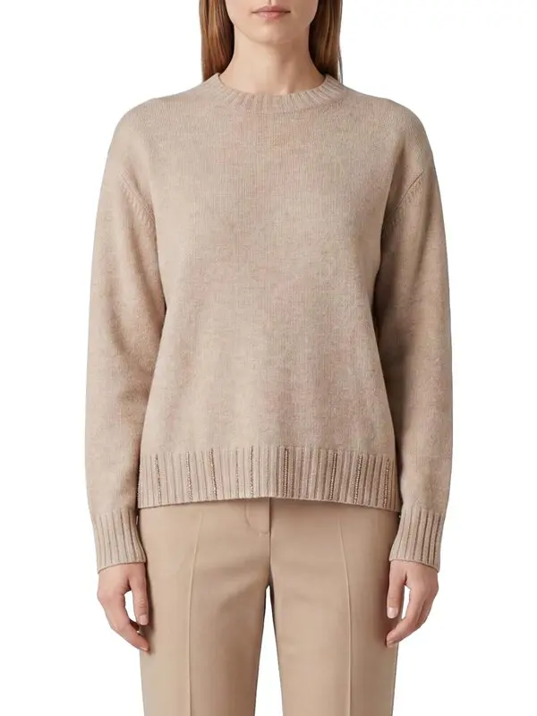 Fabiana Filippi Virgin Wool, Silk, And Cashmere Crewneck Jumper With Monili - Coffee
