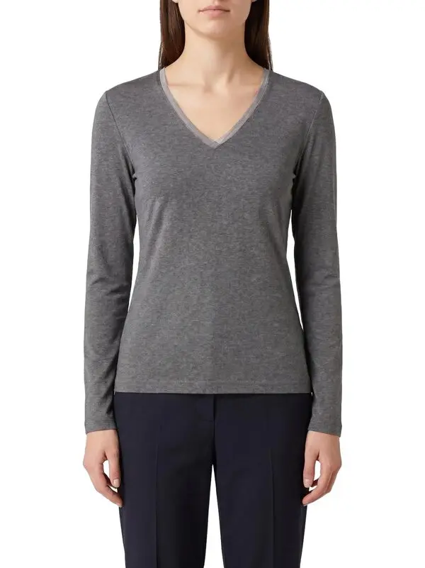 Fabiana Filippi Long-sleeved V-neck T-shirt In Cotton With Contrast Trims - Grey