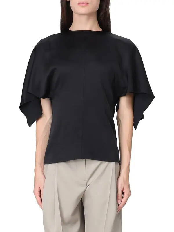 Stella McCartney Crewneck Blouse In Satin With Short Sleeves And Tie Fastening - Black