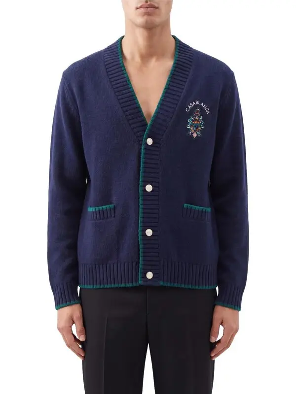 Casablanca V-neck Wool And Cashmere Cardigan With Jacquard Logo - Blue