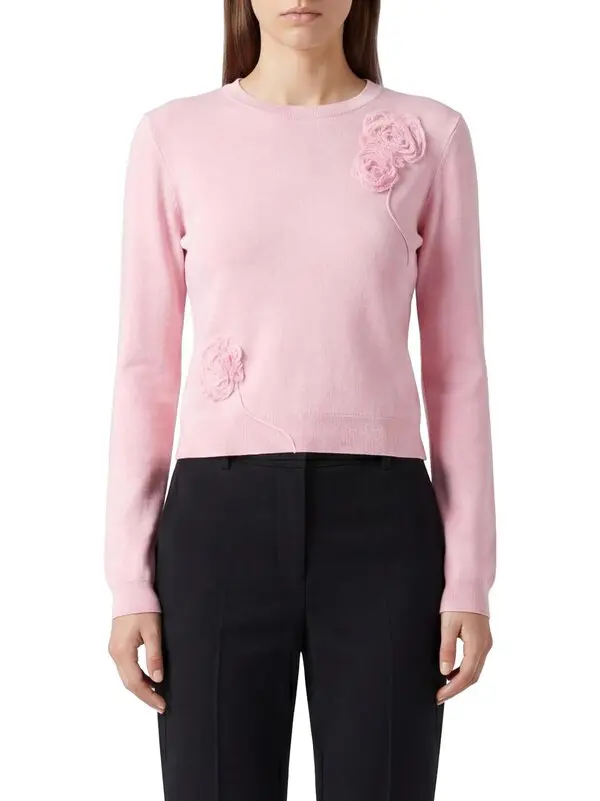 SELF-PORTRAIT Floral Appliqué Wool & Silk Blend Crewneck Jumper - Pink