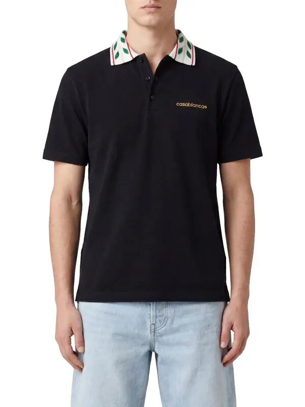 Casablanca Striped Collar Embroidered Logo Cotton Polo - Navy