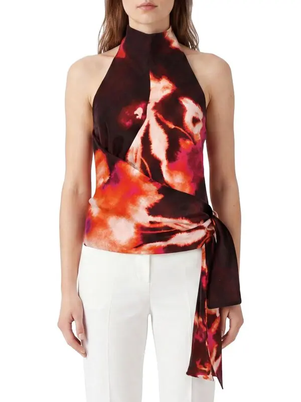 Liviana Conti Linen Halter Neck Top With Abstract Print And Tie Detail - Multicolor