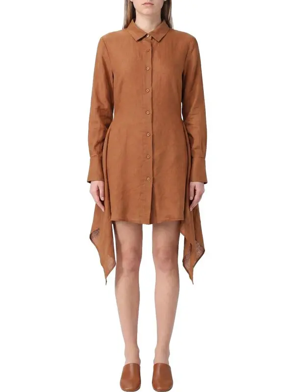 MC2 SAINT BARTH Asymmetric Linen Mini Shirt Dress - Brown