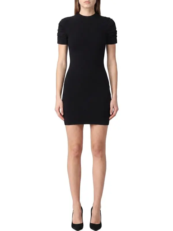 Alexander Wang Sheath Mini Dress With Ruched Shoulders And Contrast Logo - Black