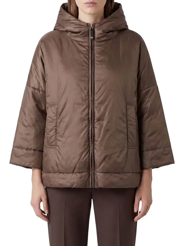 Max Mara Hooded Short Down Jacket In Technical Fabric With Dropped Shoulders - Brown