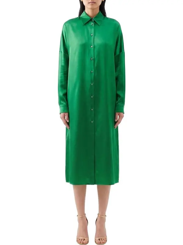 Dries Van Noten Long Sleeve Silk Midi Shirt Dress - Green