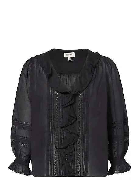 ME+EM Cotton Voile Blouse With Ruffle Trim And V-neckline - Black