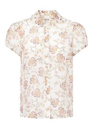 ME+EM Paisley-print Short-sleeve Cotton And Silk-blend Blouse - Light Cream/multi