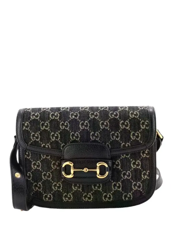 Gucci Horsebit 1955 Gg Denim Small Shoulder Bag - Black