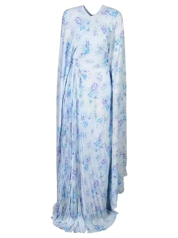 Balenciaga Floral Print Pleated Maxi Dress - Blue