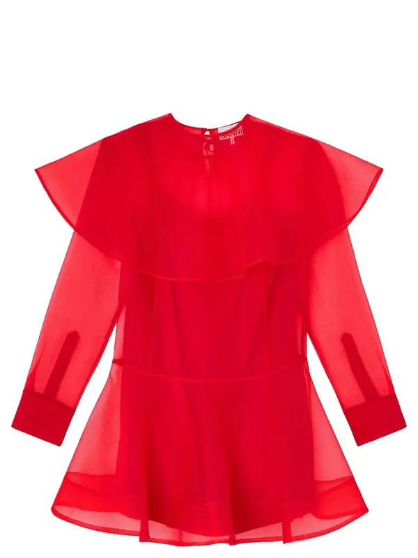 GANNI Net Sustain" Velvet-trimmed Ruffled Organic Cotton-poplin Mini Dress - Red