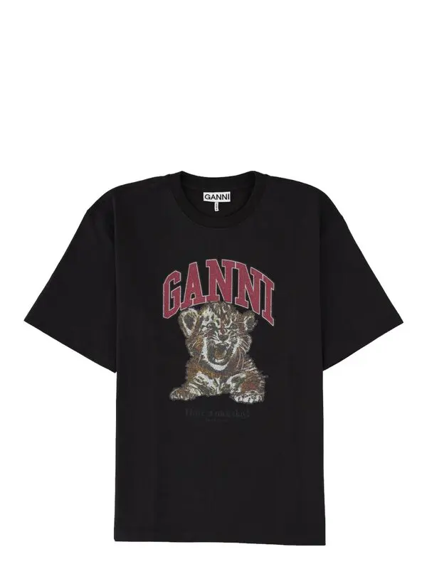 GANNI Regular Fit Organic Cotton T-shirt With Tiger Graphic - Black