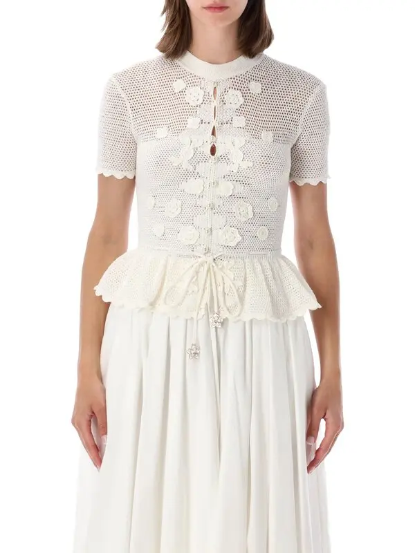 SELF-PORTRAIT Crocheted Button-front Peplum Top With Floral Appliqu - Bianco