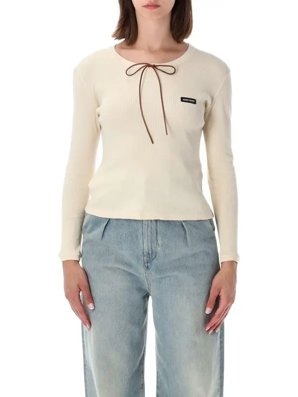 Miu Miu Waffle Knit Long Sleeve Top With Lace-up Detail - Ecru'