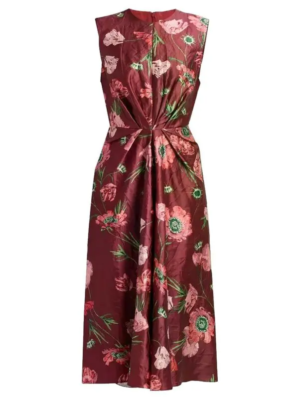 Erdem Textured Satin Floral Print Midi Dress - Red