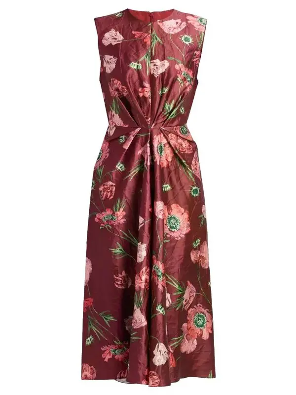 Erdem Textured Satin Floral Print Midi Dress - Red
