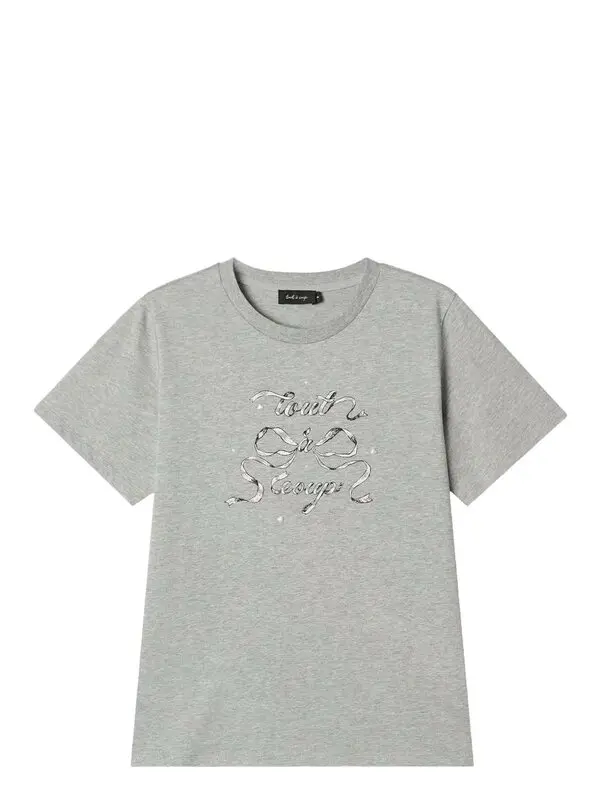 TOUT A COUP Bow-print Faux-pearl Embellished T-shirt - Grey