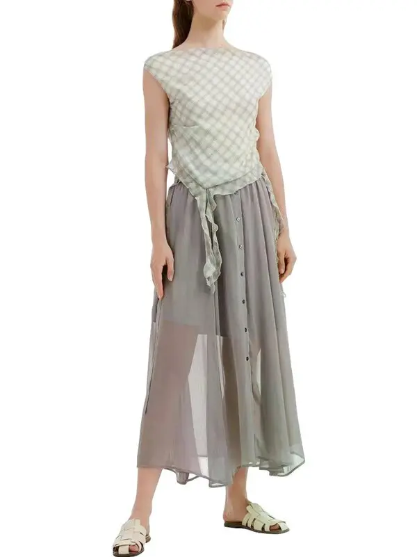 B+AB Cream And Grey Check Pattern Ruffled Top - Neutrals