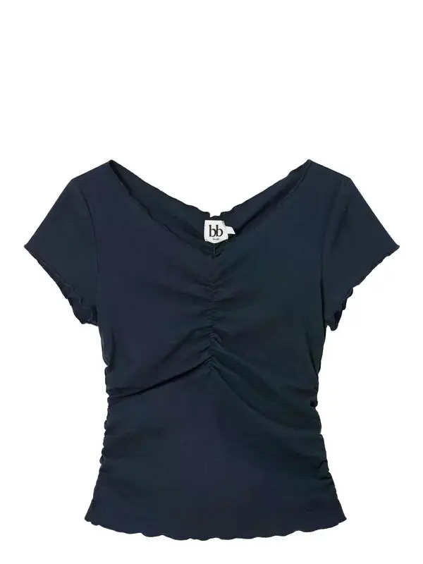 B+AB Ruched Lettuce-trim V-neck T-shirt - Blue