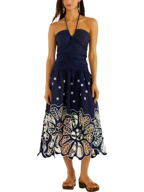 Farm Rio Richelieu Embroidered Midi Dress - Blue