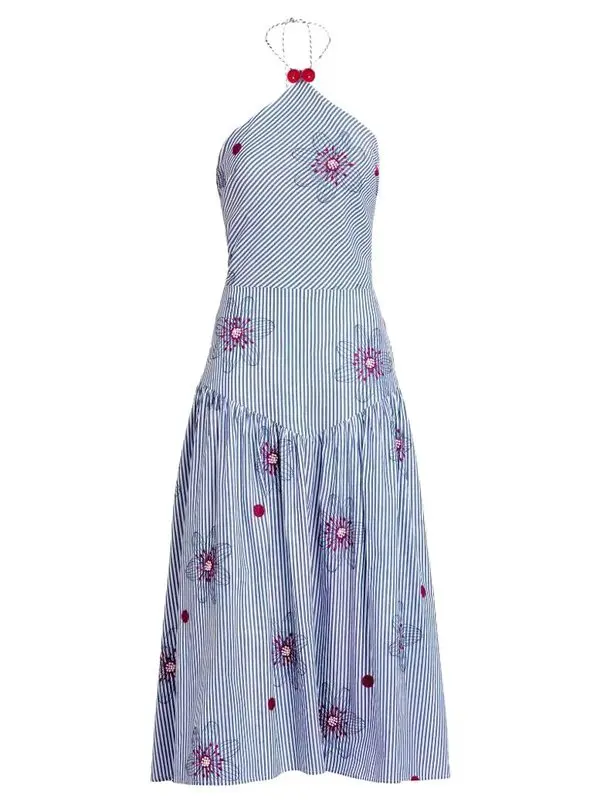 Silvia Tcherassi Floral Embroidered Striped Midi Dress - Blue