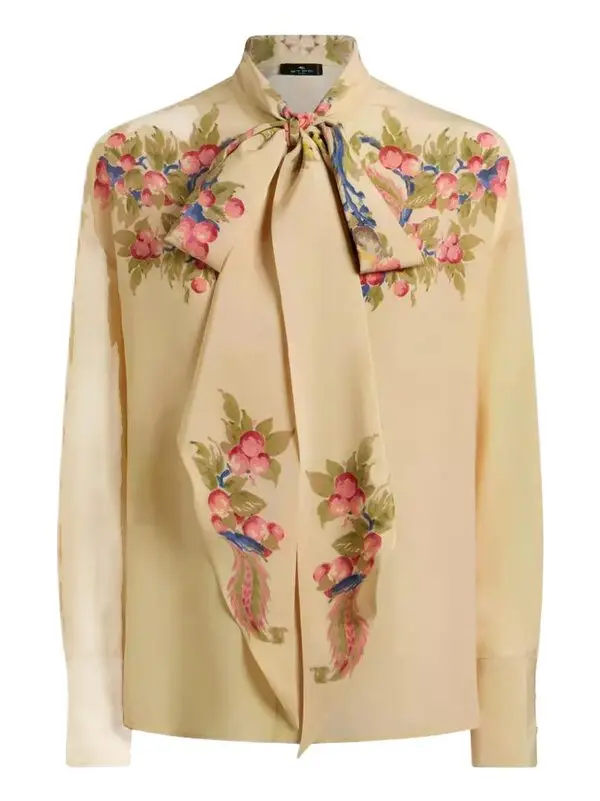 Etro Pure Silk Crepe De Chine Shirt With Placed Floral Print And Scarf Detail - Neutrals