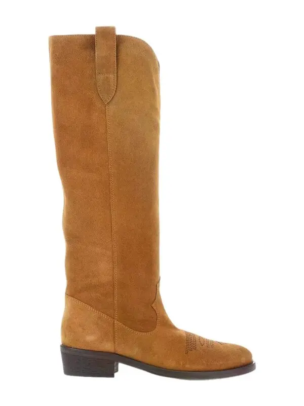 VIA ROMA 15 Suede Round-toe Low Block Heel Boots - Neutrals