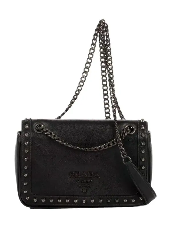 Prada Studded Flap Cross Body Bag - Black