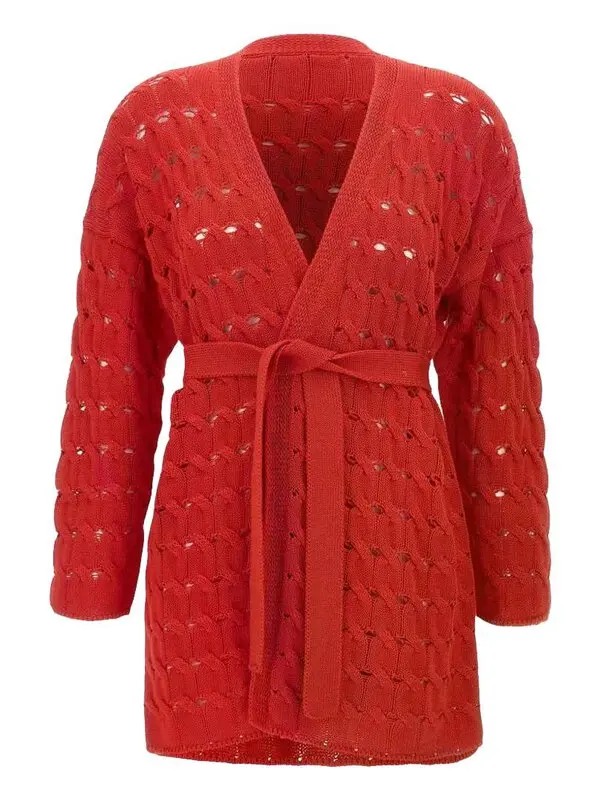 KANGRA Open-knit Belted Cardigan - Red