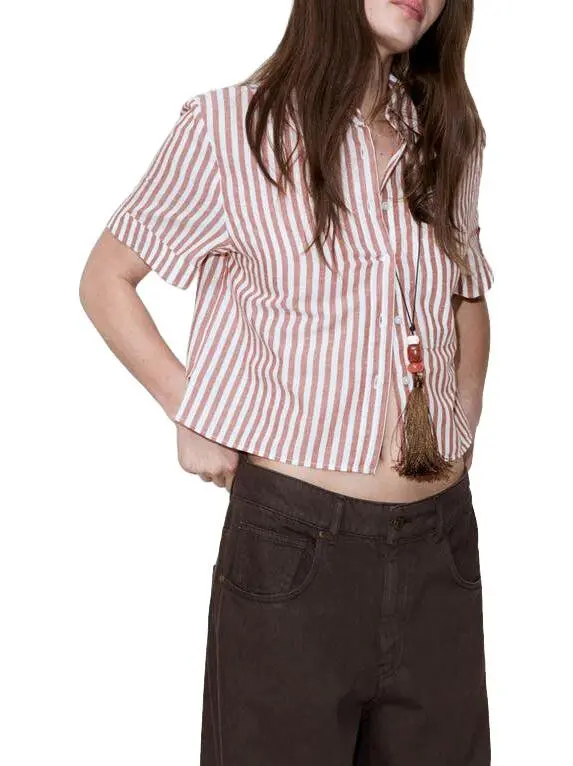 Mango Striped Short Sleeve Cotton & Linen Shirt - Maroon