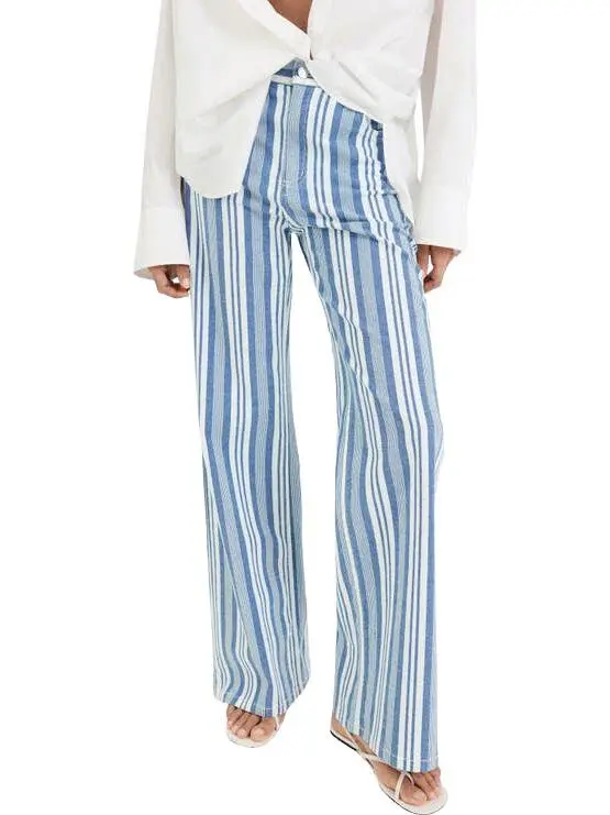 Mango Stripe Stretch Cotton Straight Leg Pants - Blue