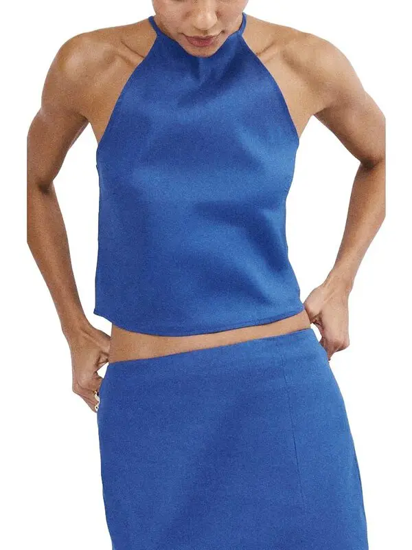 Mango Sleeveless Linen Blend Cropped Top - Blue