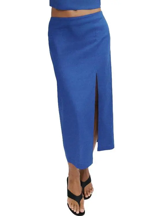 Mango Stretch Linen & Cotton Blend Midi Skirt With Side Slit - Blue